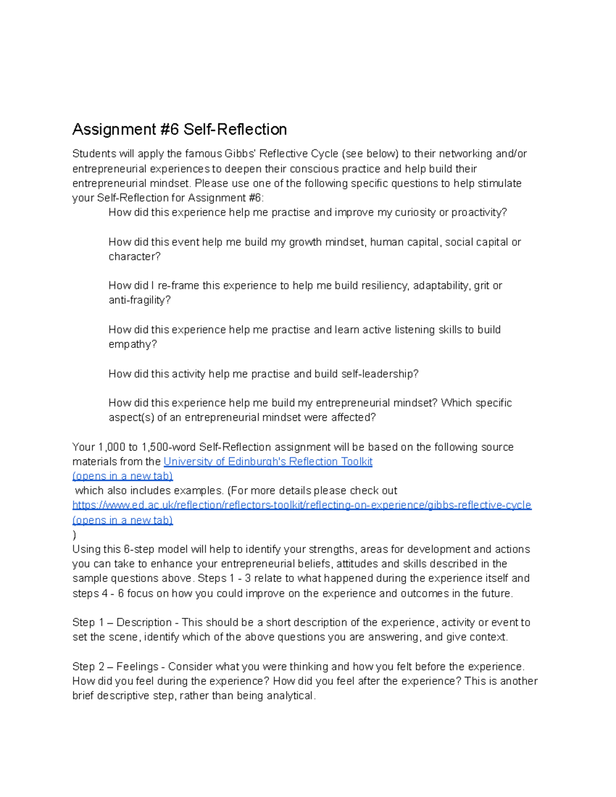 ENT101 - Assignment 6 Instructions - Assignment #6 Self-Reflection Students will apply the ...