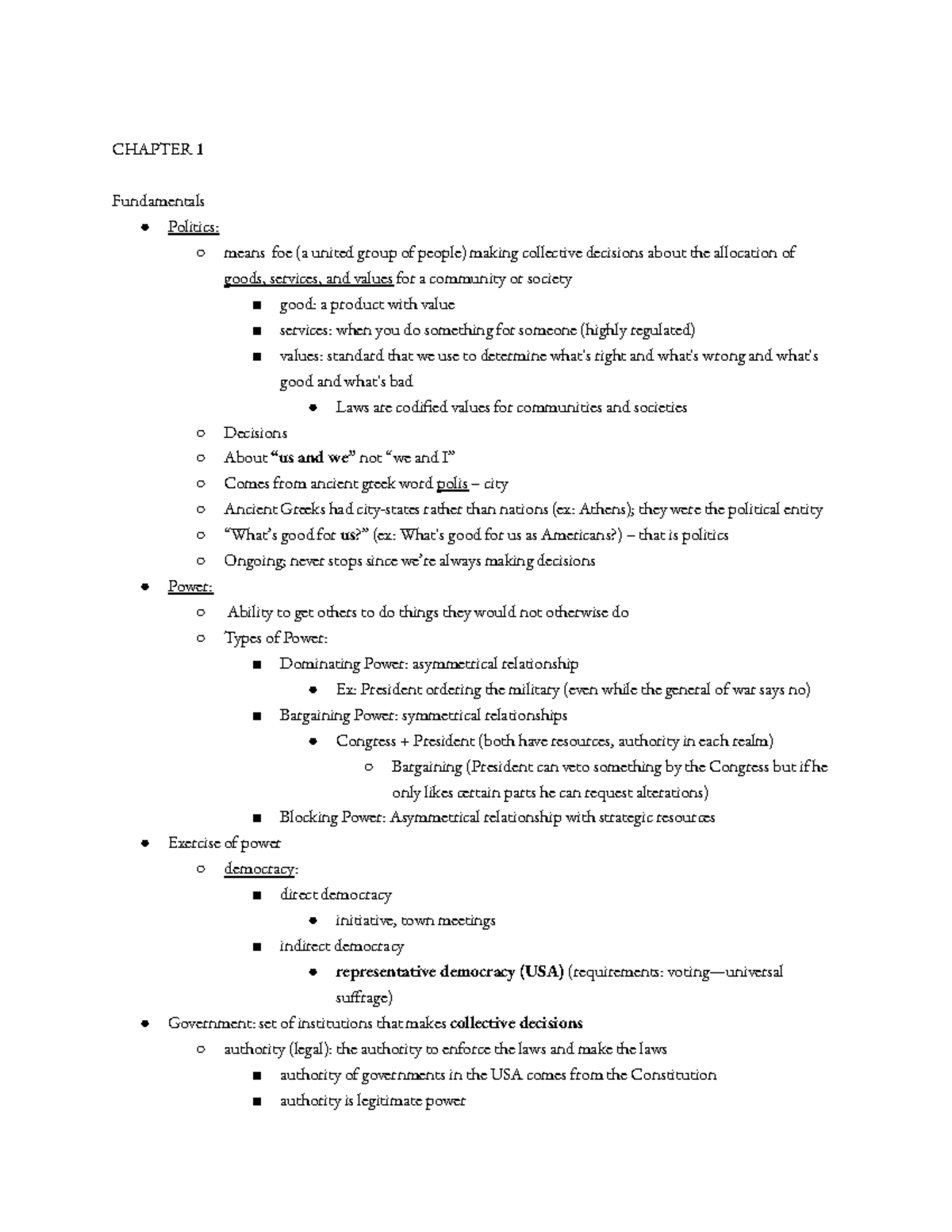 POL Notes - exam 1 - CHAPTER 1 Fundamentals Politics: means foe (a ...