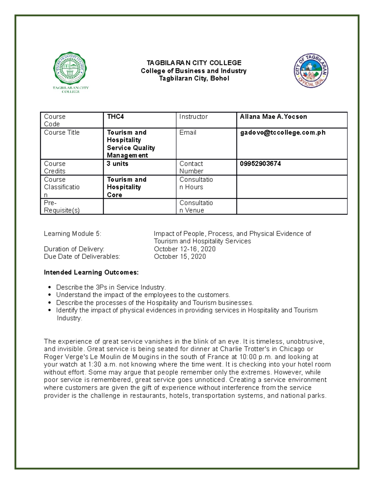 THC4 LM5 - module - TAGBILARAN CITY COLLEGE College of Business and ...