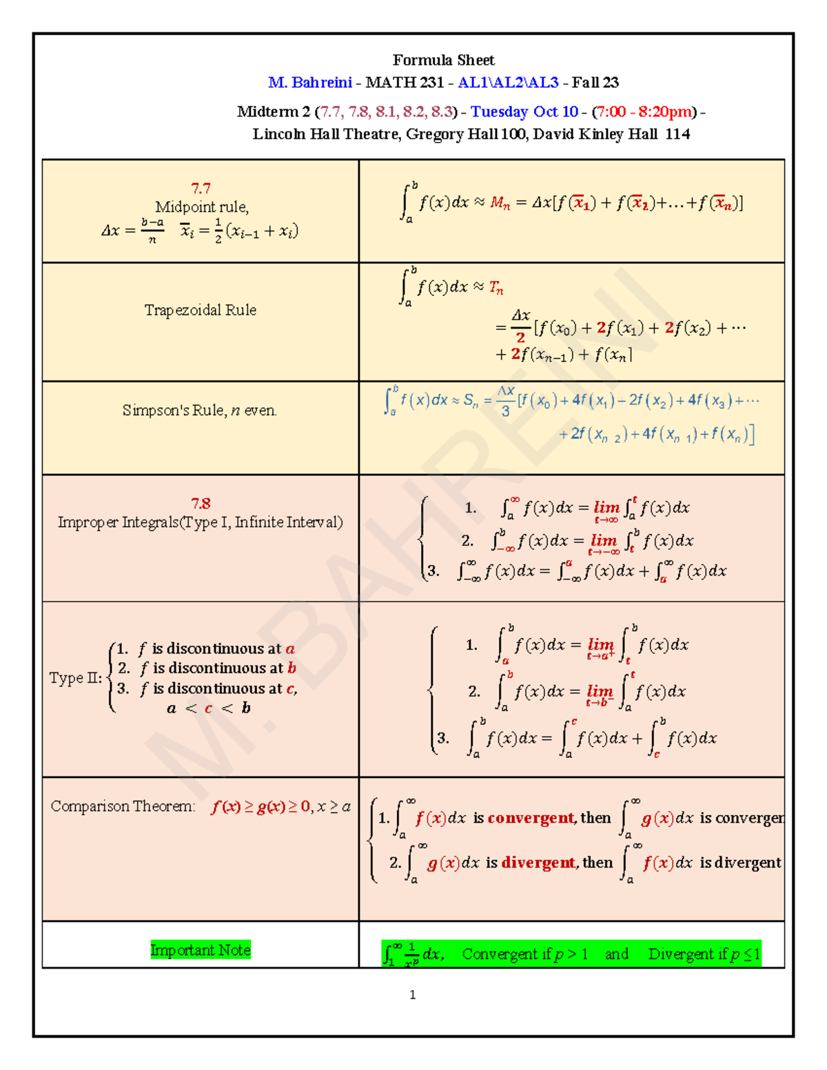 Formula Sheetdddddddddddddddd - 1 Formula Sheet M. Bahreini - MATH 231 ...
