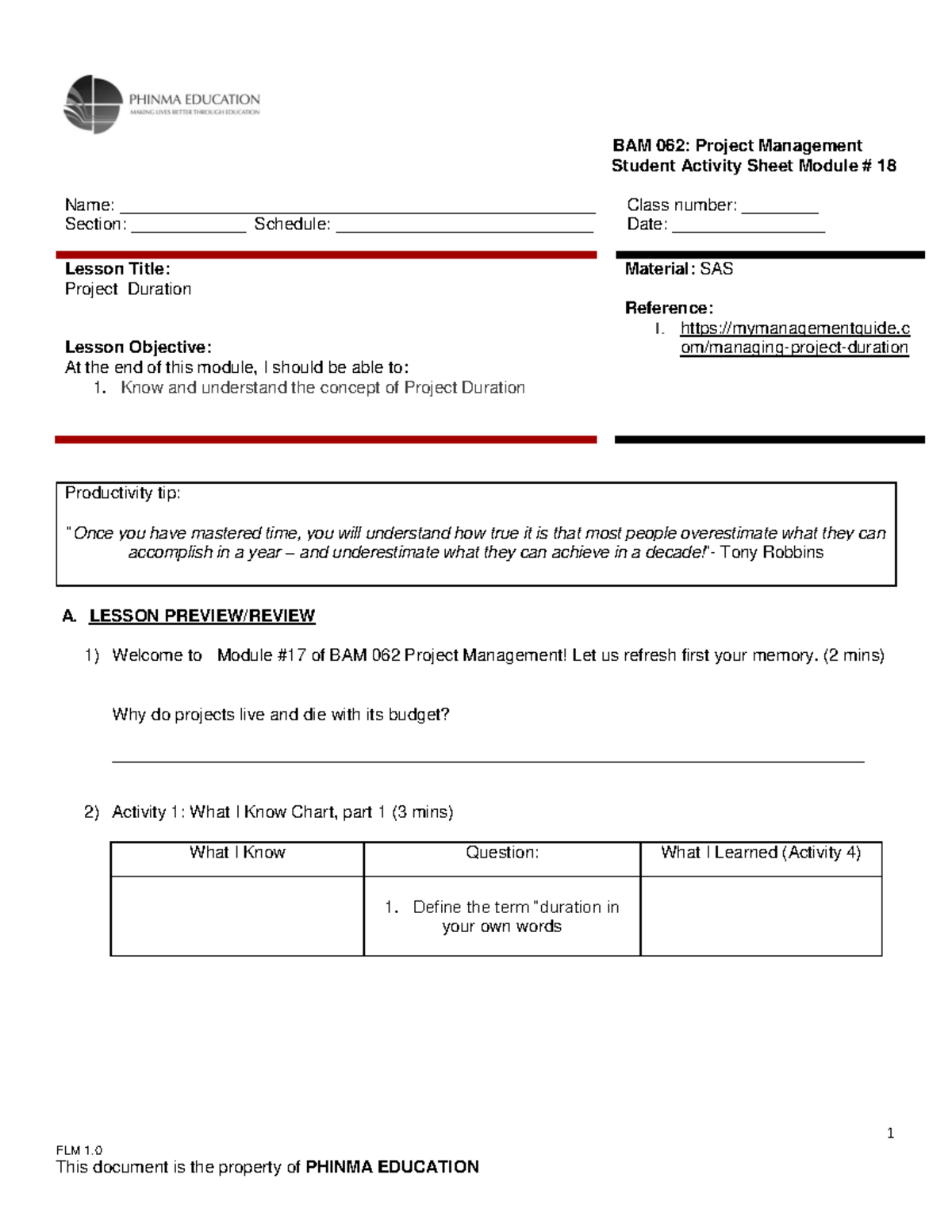 SAS#18-BAM 062 (Edited) - Student Activity Sheet Module # 18 Name: - Studocu