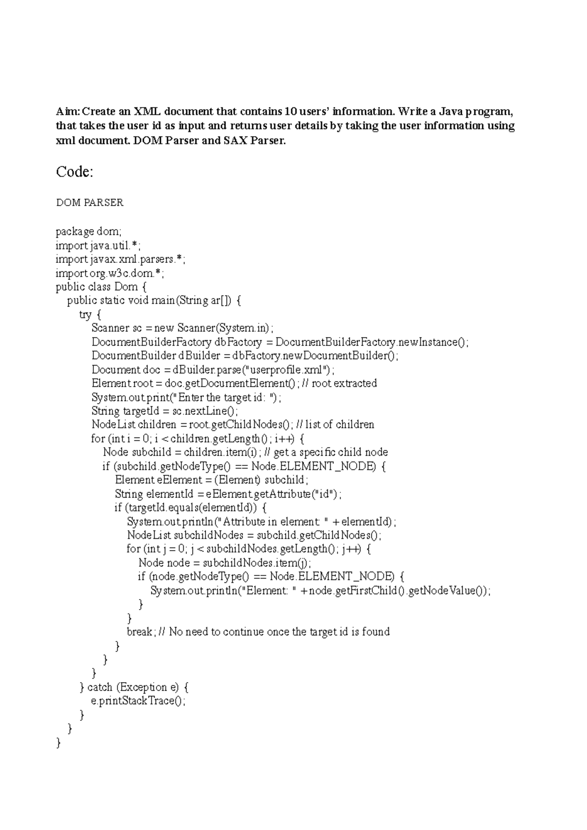 Dom&sax - Aim:Create an XML document that contains 10 users ...