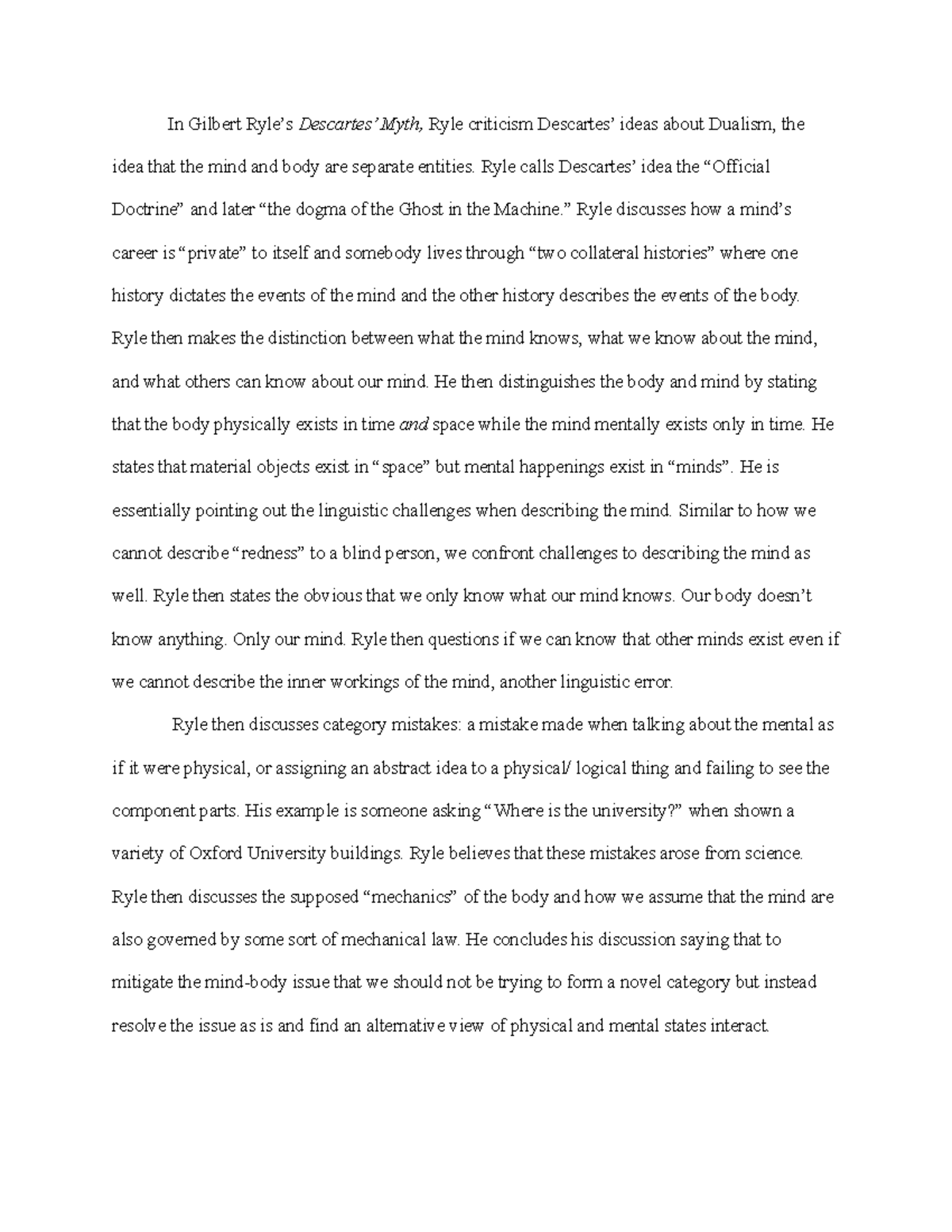 Ryle reading summary - In Gilbert Ryle’s Descartes’ Myth, Ryle ...