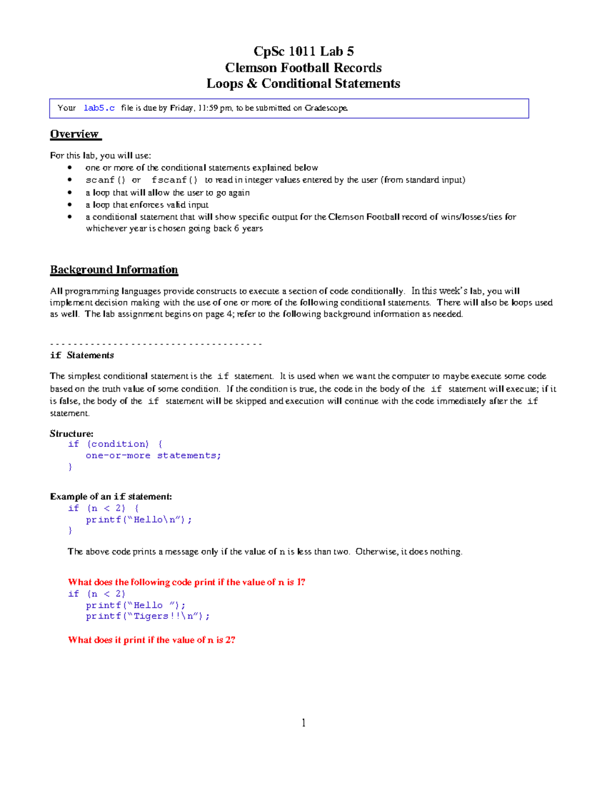 Lab5 Loops Conditionals - CpSc 1 011 Lab 5 Clemson Football Records Loops & Conditional - Studocu