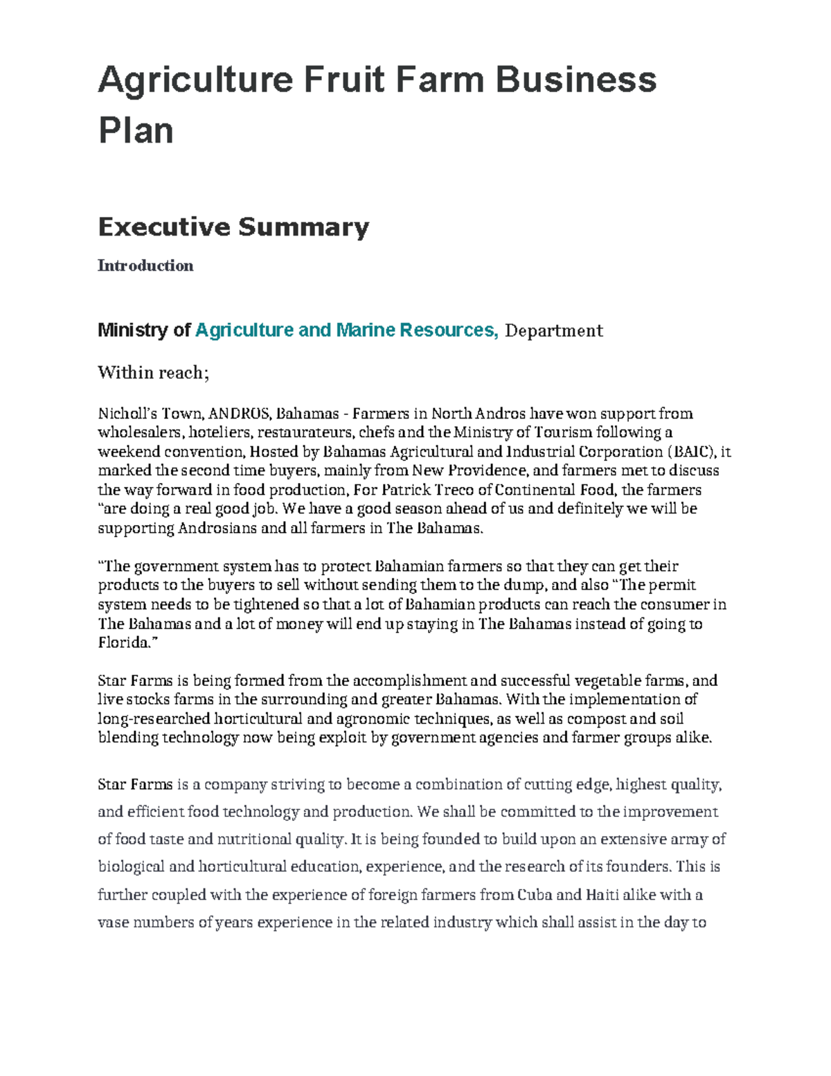 Agriculture and farming business plan - Plan Executive Summary ...