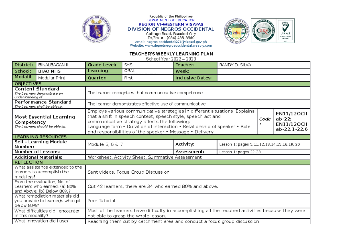 Weekly Learning PLAN ORAL COM - Republic of the Philippines DEPARTMENT ...