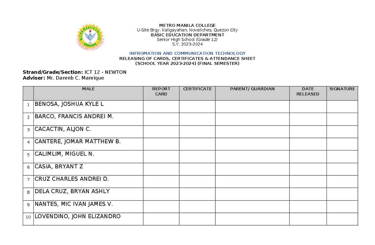 Attendance FOR PTC - METRO MANILA COLLEGE U-Site Brgy. Kaligayahan ...