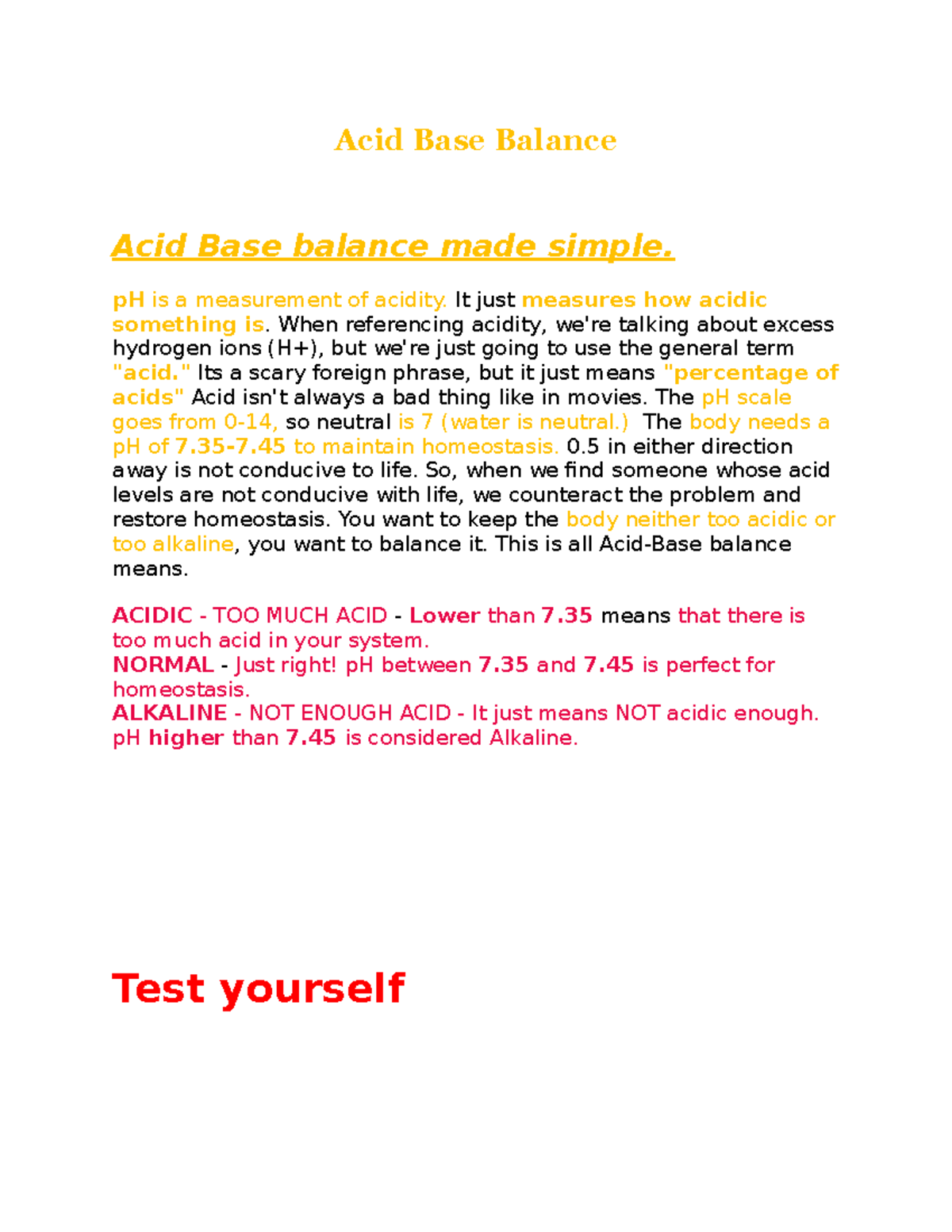 Acid Base balance made simple - pH is a measurement of acidity. It just ...