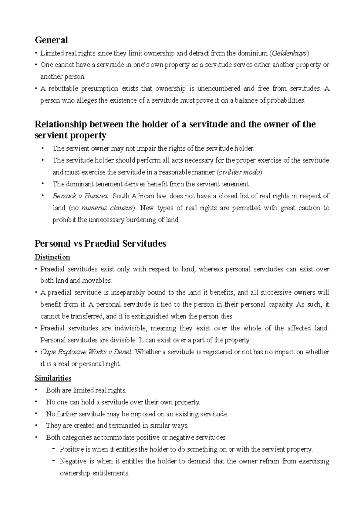 Property Law Notes (Servitudes) - General Limited real rights since ...