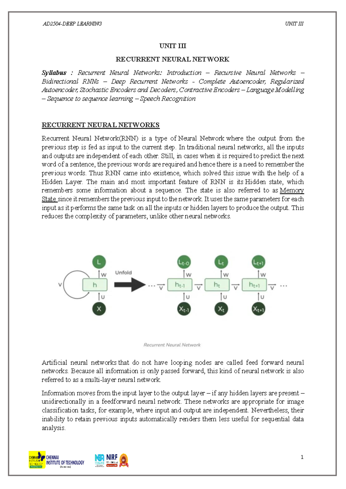 Dl Unit Iii Notes For The Dl Lectures Unit Iii Recurrent Neural Network Syllabus Recurrent