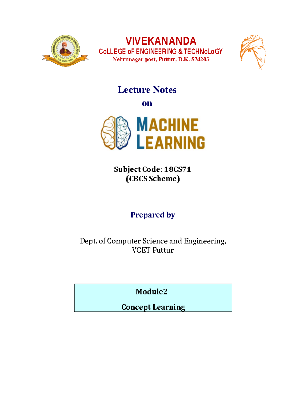 ML Notes Module 2 - Module Concept Learning Subject Code: 18CS (CBCS ...