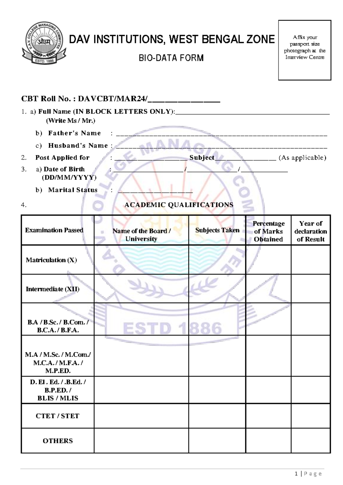 Biodata Proforma - 1 | P a g e DAV INSTITUTIONS, WEST BENGAL ZONE BIO ...