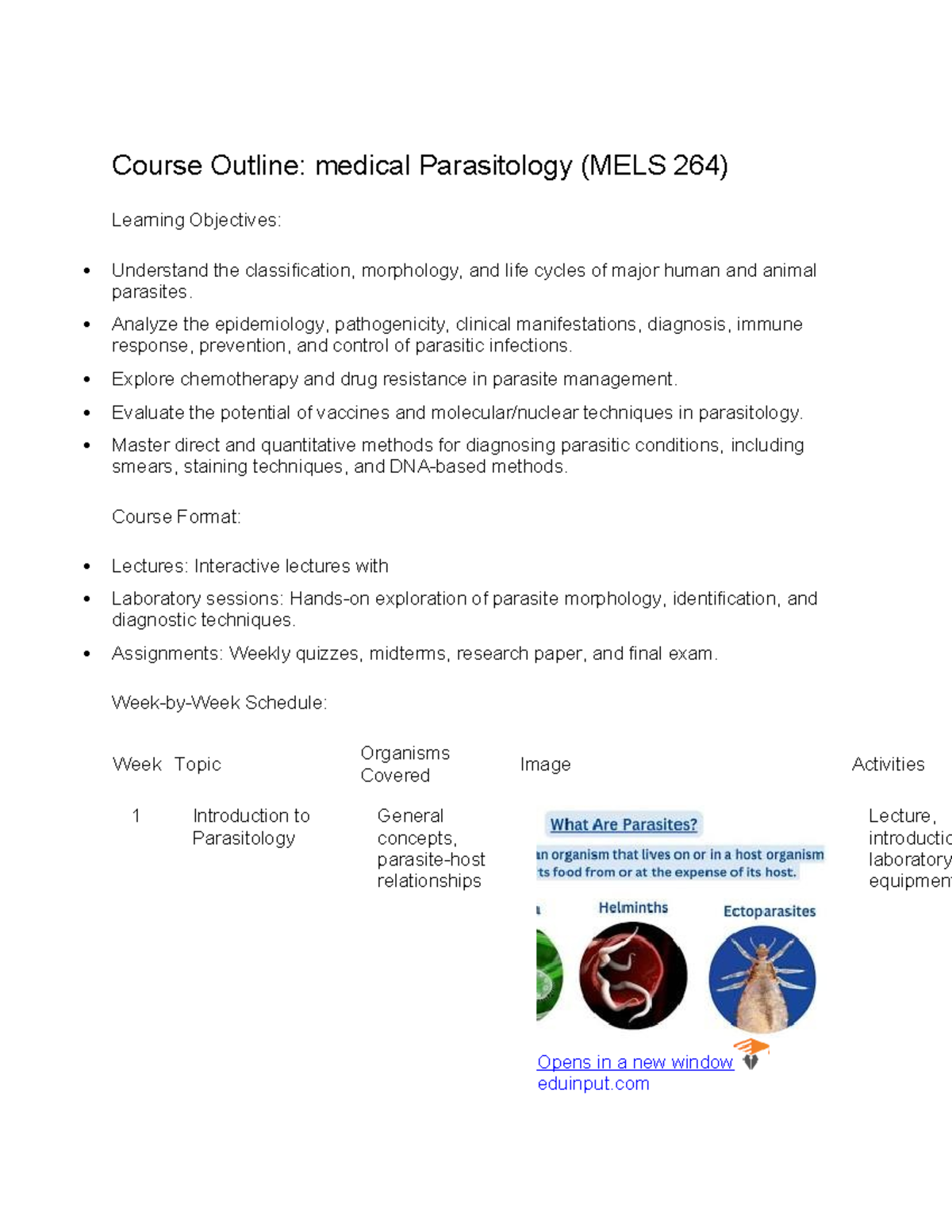 Organic chemistry - Course Outline: medical Parasitology (MELS 264 ...