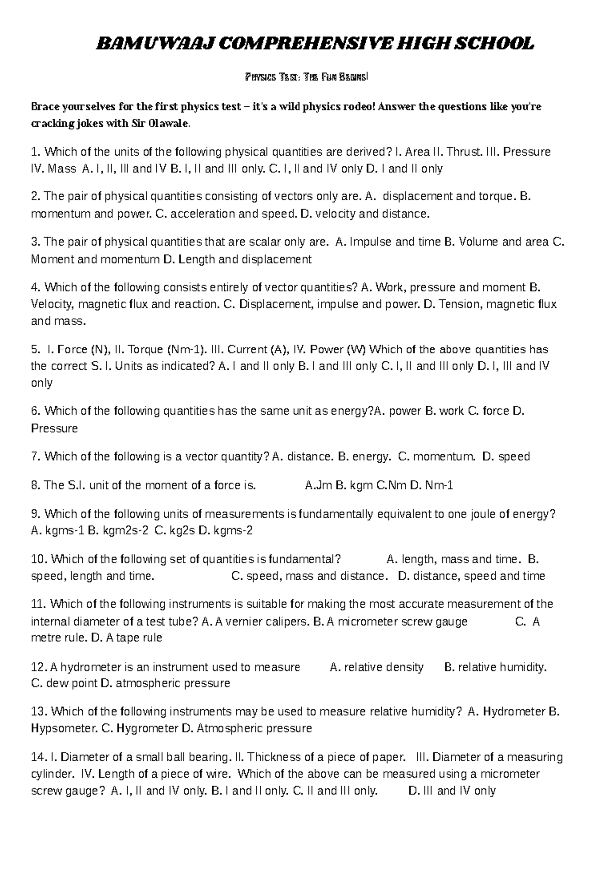 Physics exam - BAMUWAAJ COMPREHENSIVE HIGH SCHOOL Physics Test: The Fun ...