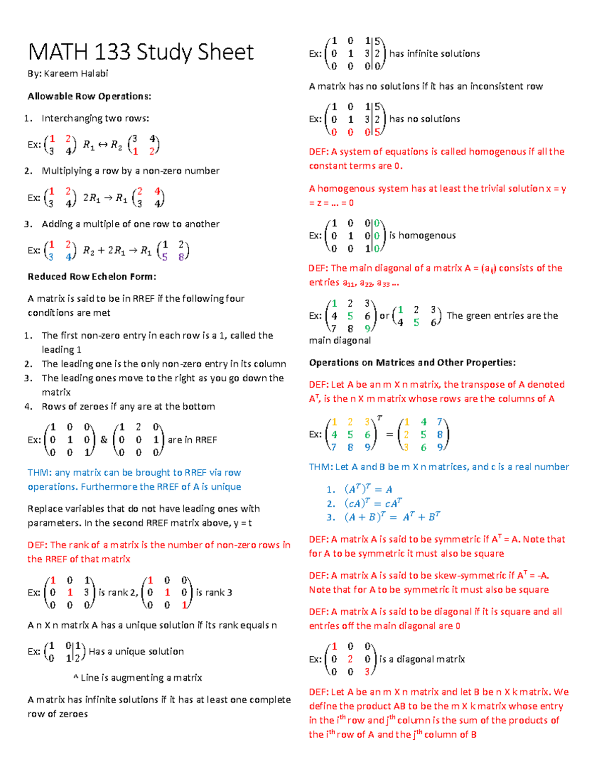 Study Sheet - Summary Linear Algebra and Geometry - Warning: TT ...