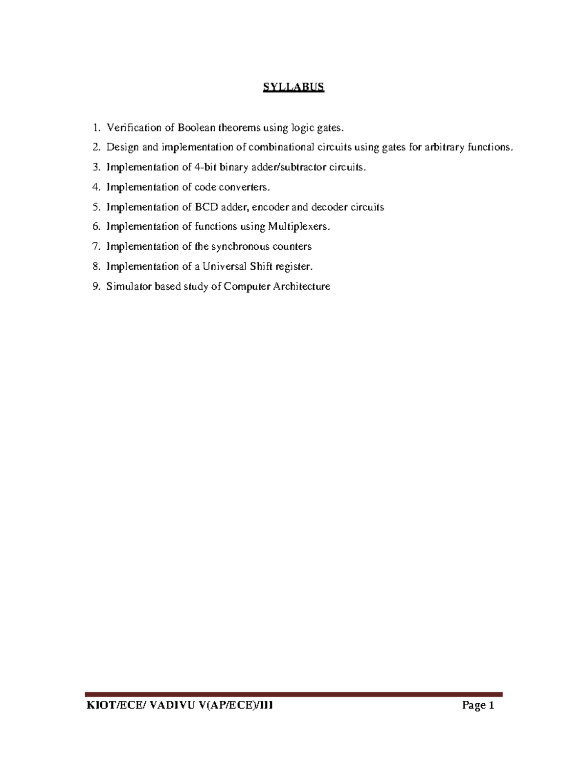 DPCO Lab Manual - KIOT/ECE/ VADIVU V(AP/ECE)/III Page 1 SYLLABUS ...