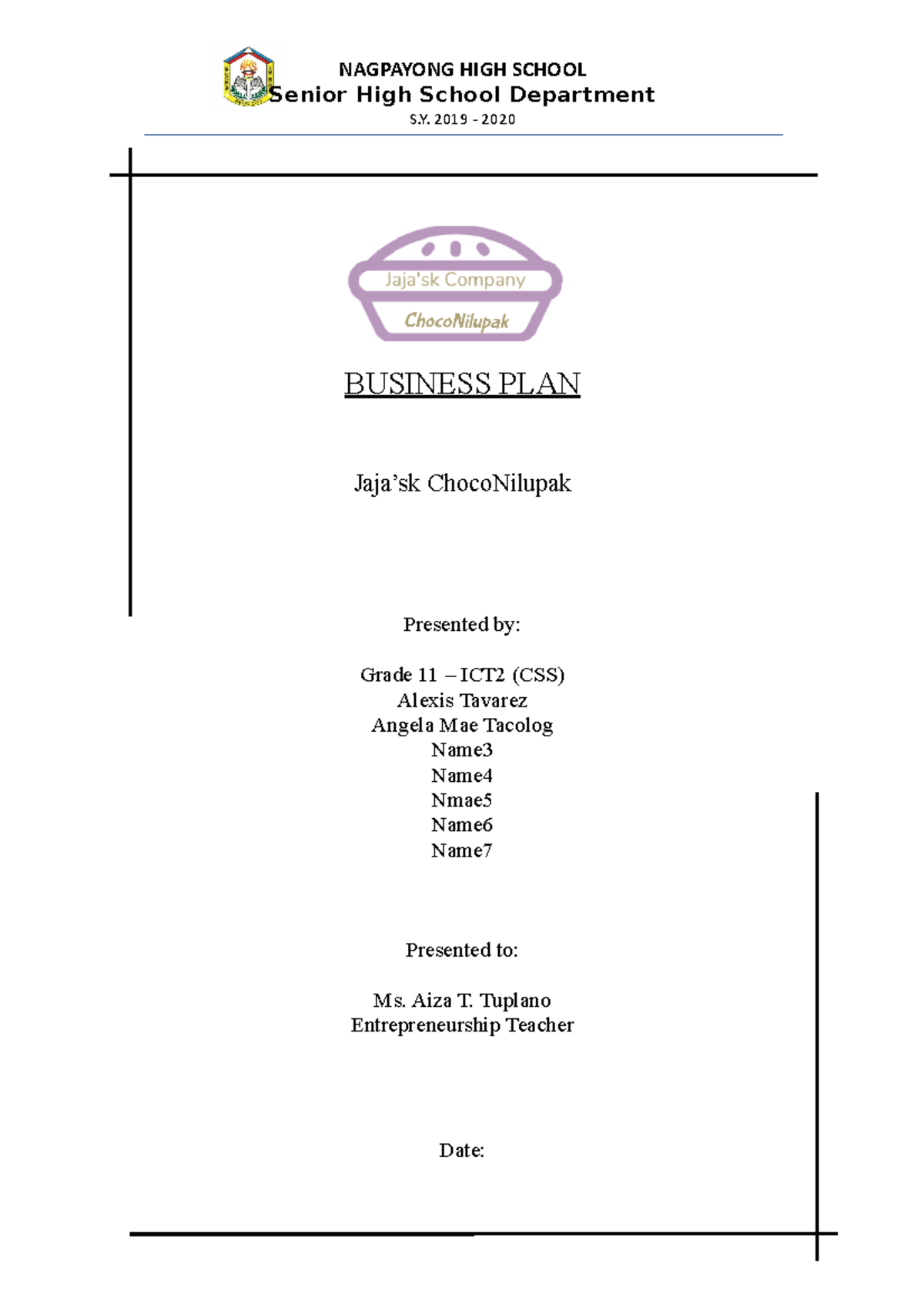 421228483 Business Plan Template for Students - Senior High School ...