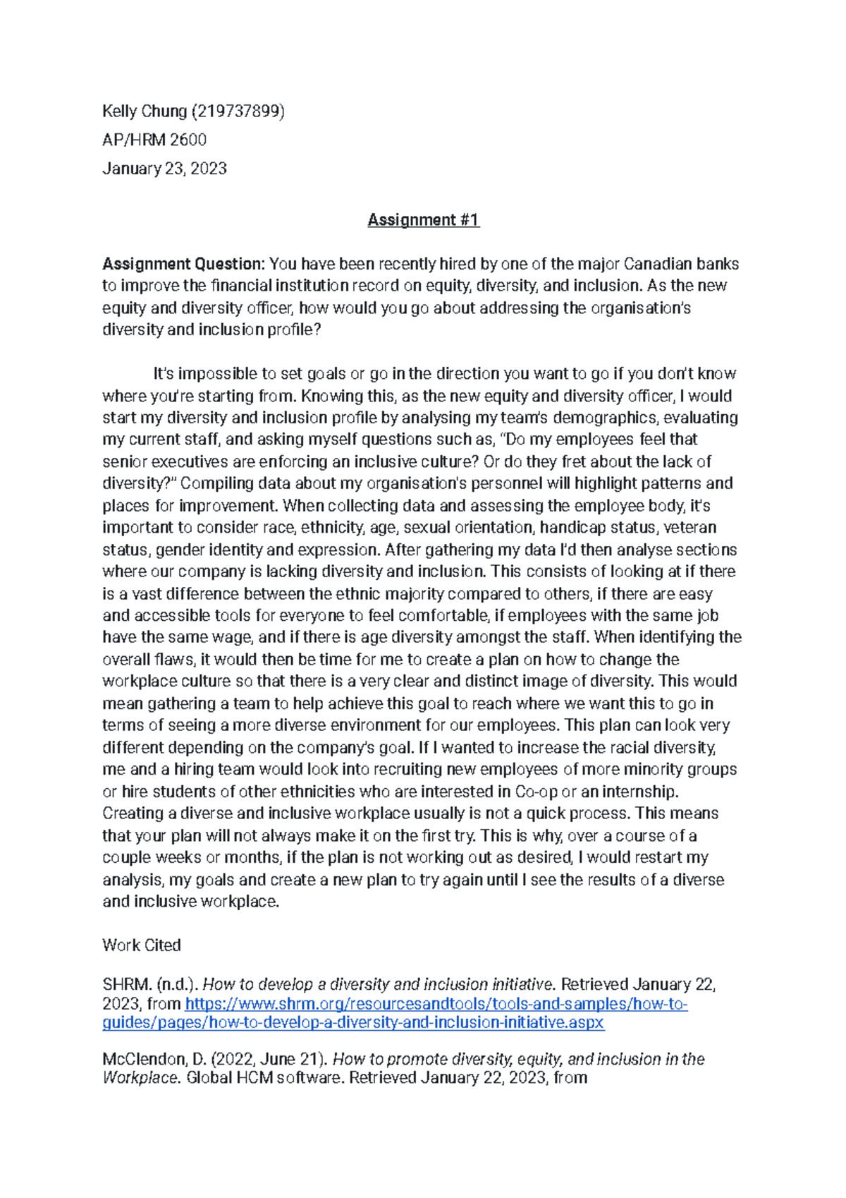 HRM Assignment #1 - Kelly Chung (219737899) AP/HRM 2600 January 23 ...