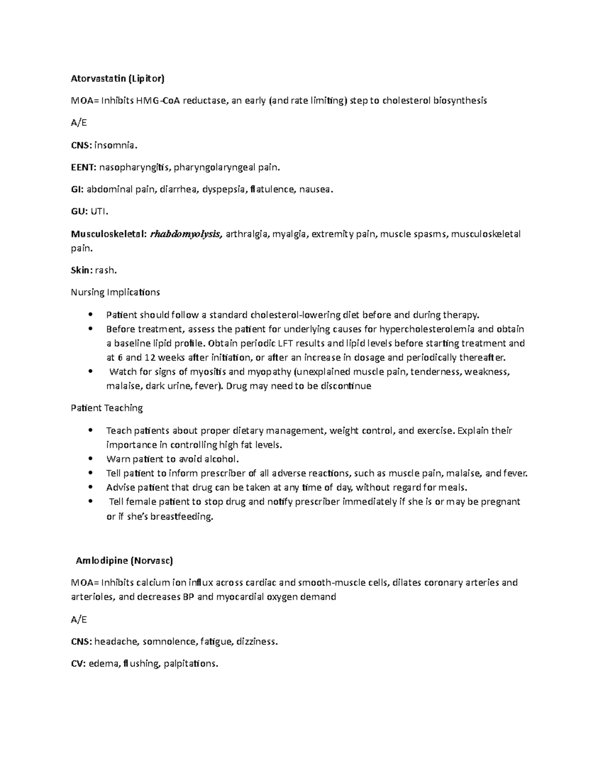 Careplan 1 Medication cards practice for pharm ati - Atorvastatin ...