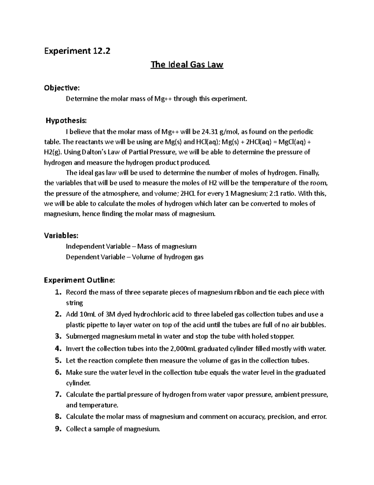 ACHM 115 - Experiment 12.2 or 12.b - The Ideal Gas Law - Experiment 12 ...