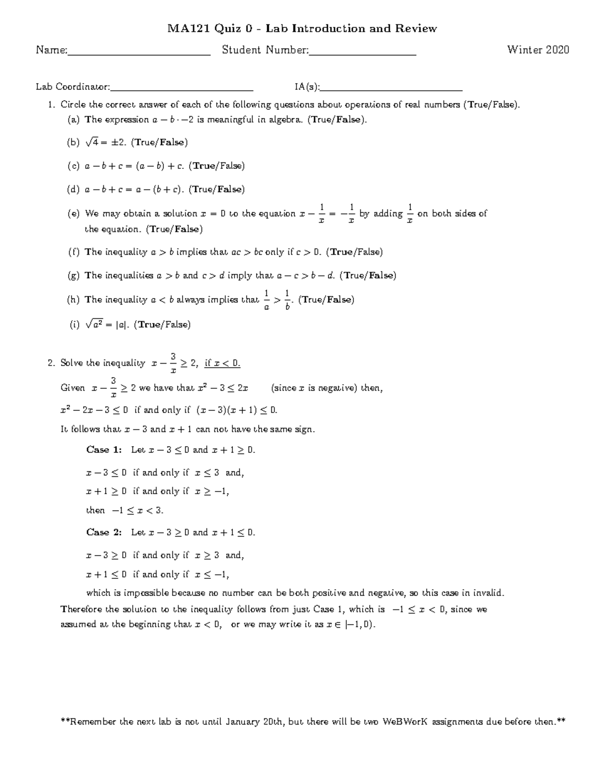 Lab 0 - Lab - MA121 Quiz 0 - Lab Introduction and Review Name: Student ...