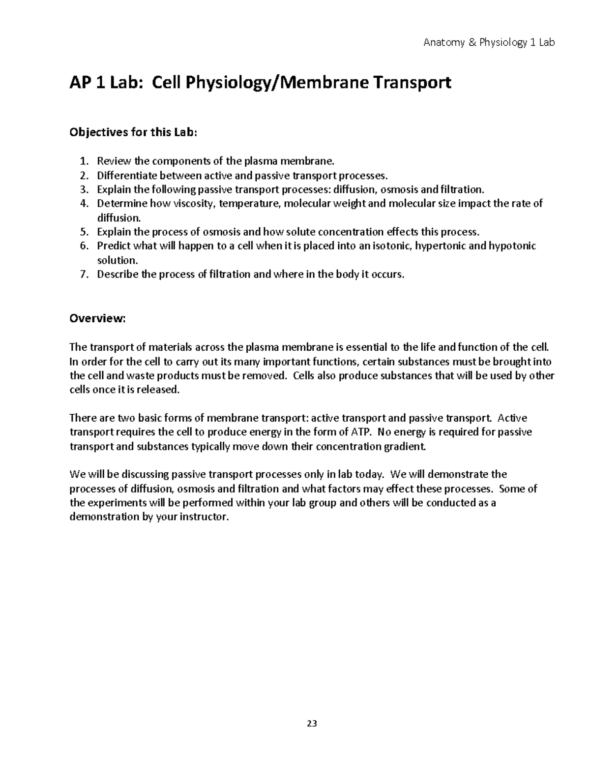 Lab Manual Cell Physiology and Transport - AP 1 Lab: Cell Physiology ...