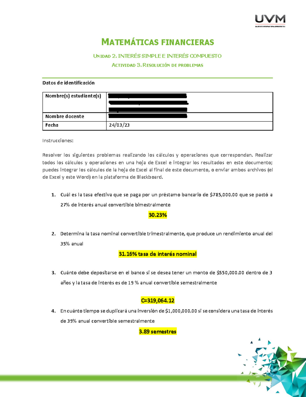 Actividad 3. Matemáticas financieras - MATEMÁTICAS FINANCIERAS UNIDAD 2 ...