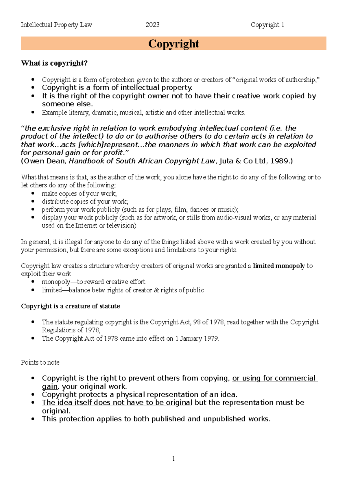 IP 2023 Copyright-notes 1 - Copyright What is copyright? Copyright is a ...