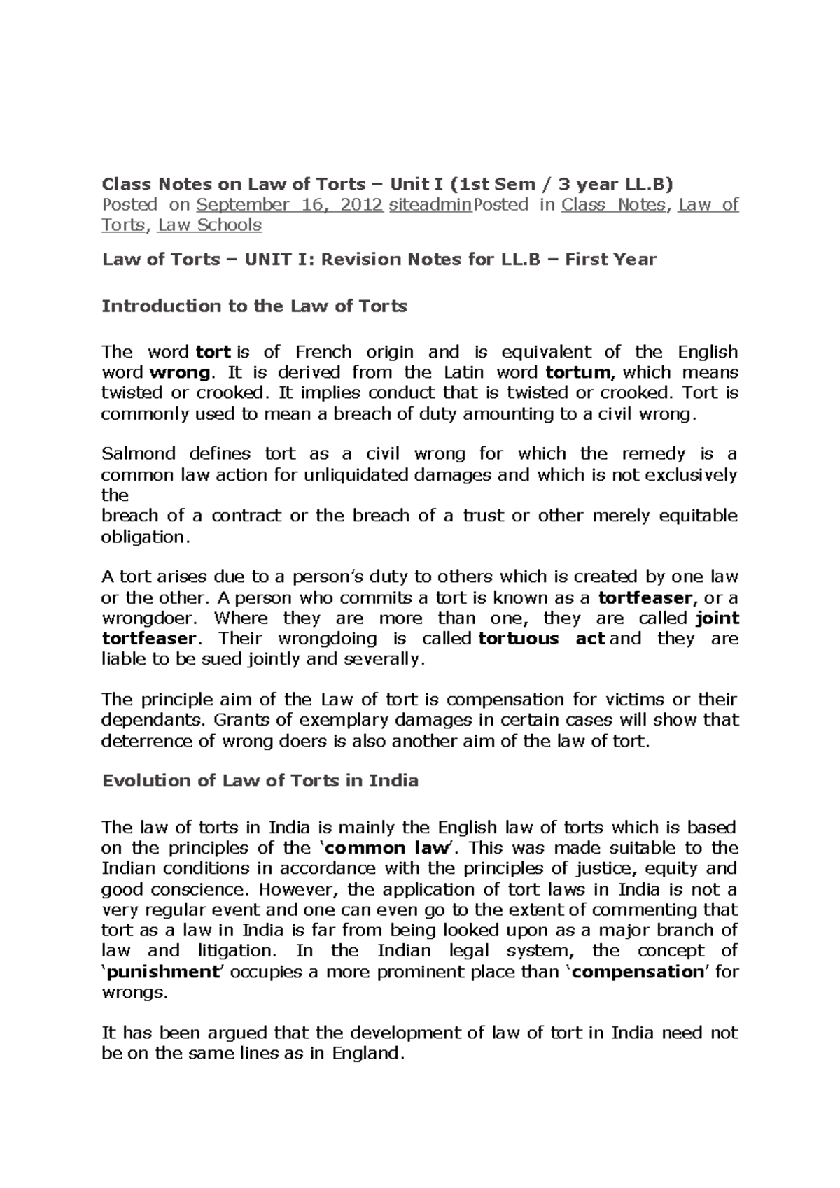 Law of Torts - LLB 2020/2021 - Llb - KSLU - Studocu