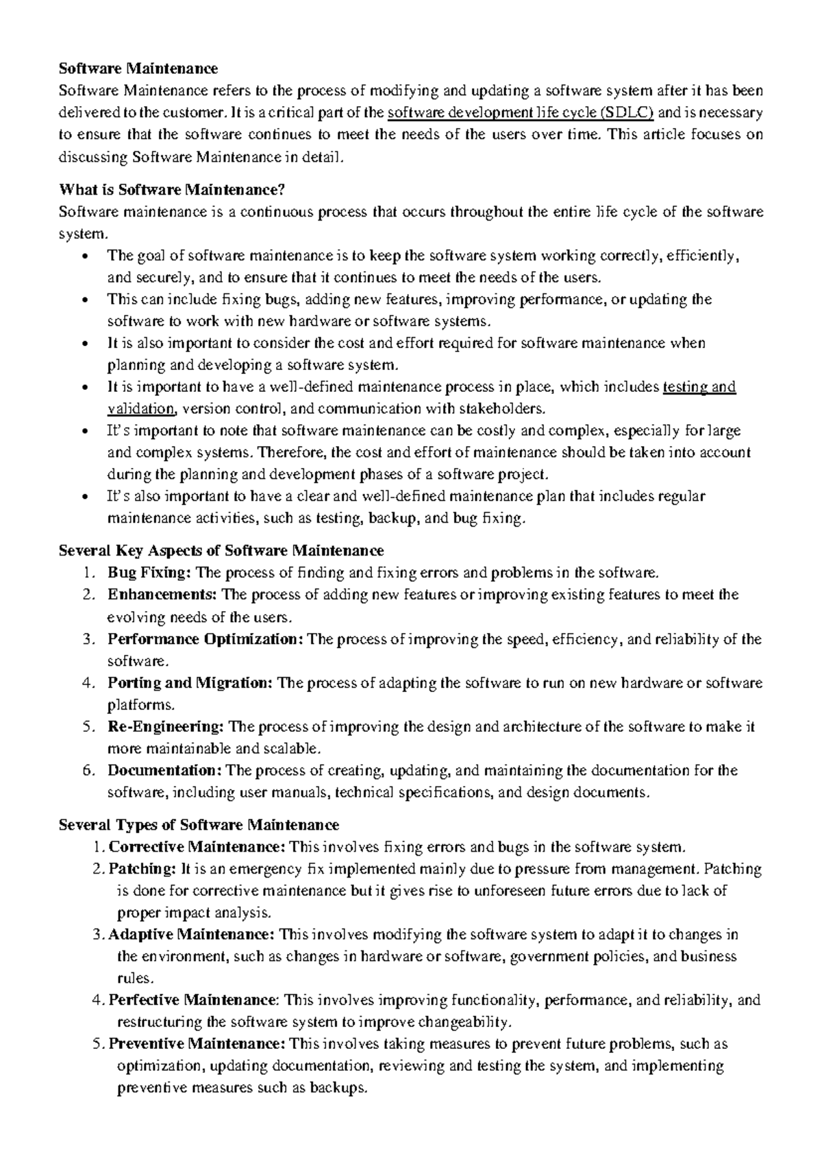 Unit-5 - Software Maintenance Software Maintenance refers to the process of modifying and ...