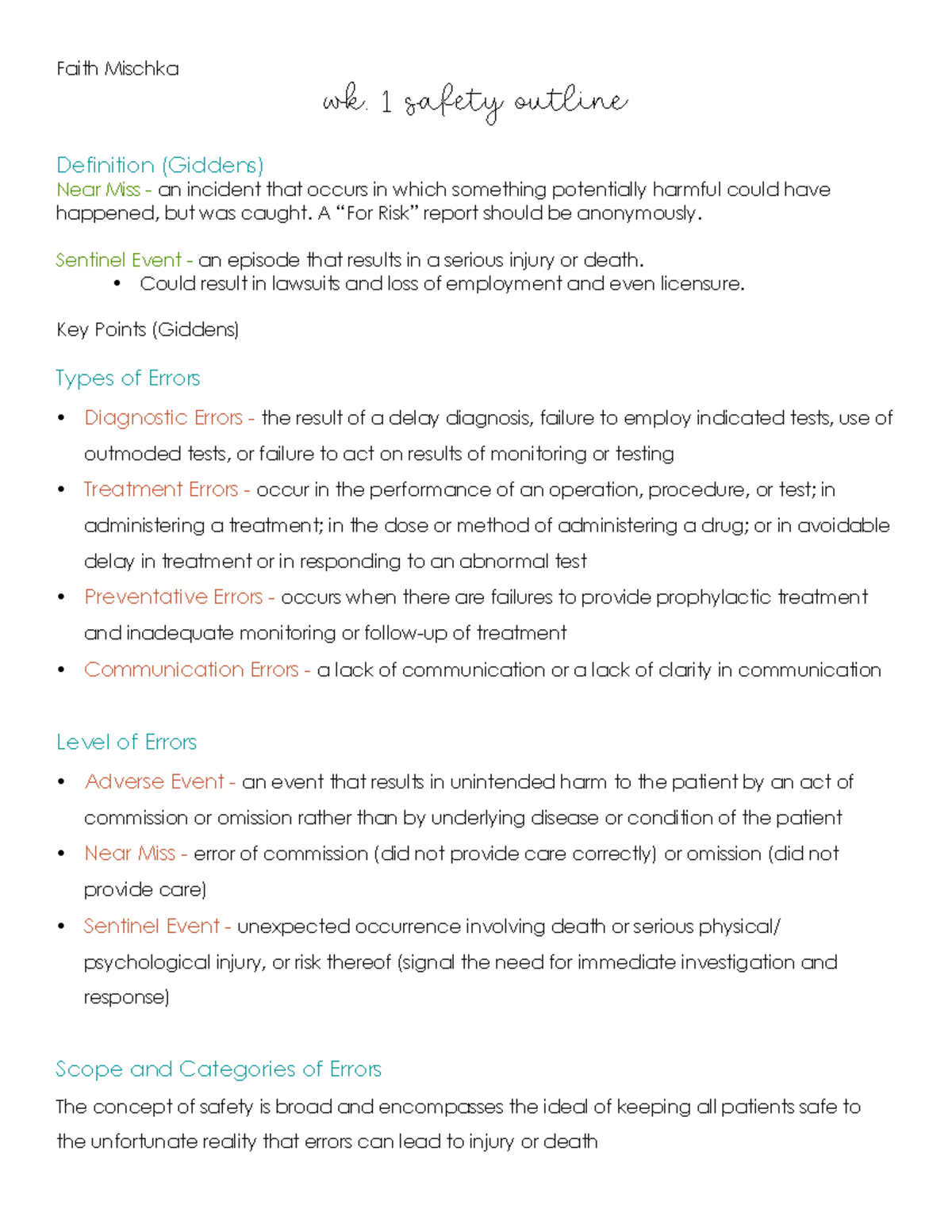 Safety Notes Outline - wk. 1 safety outline Definition (Giddens) Near ...