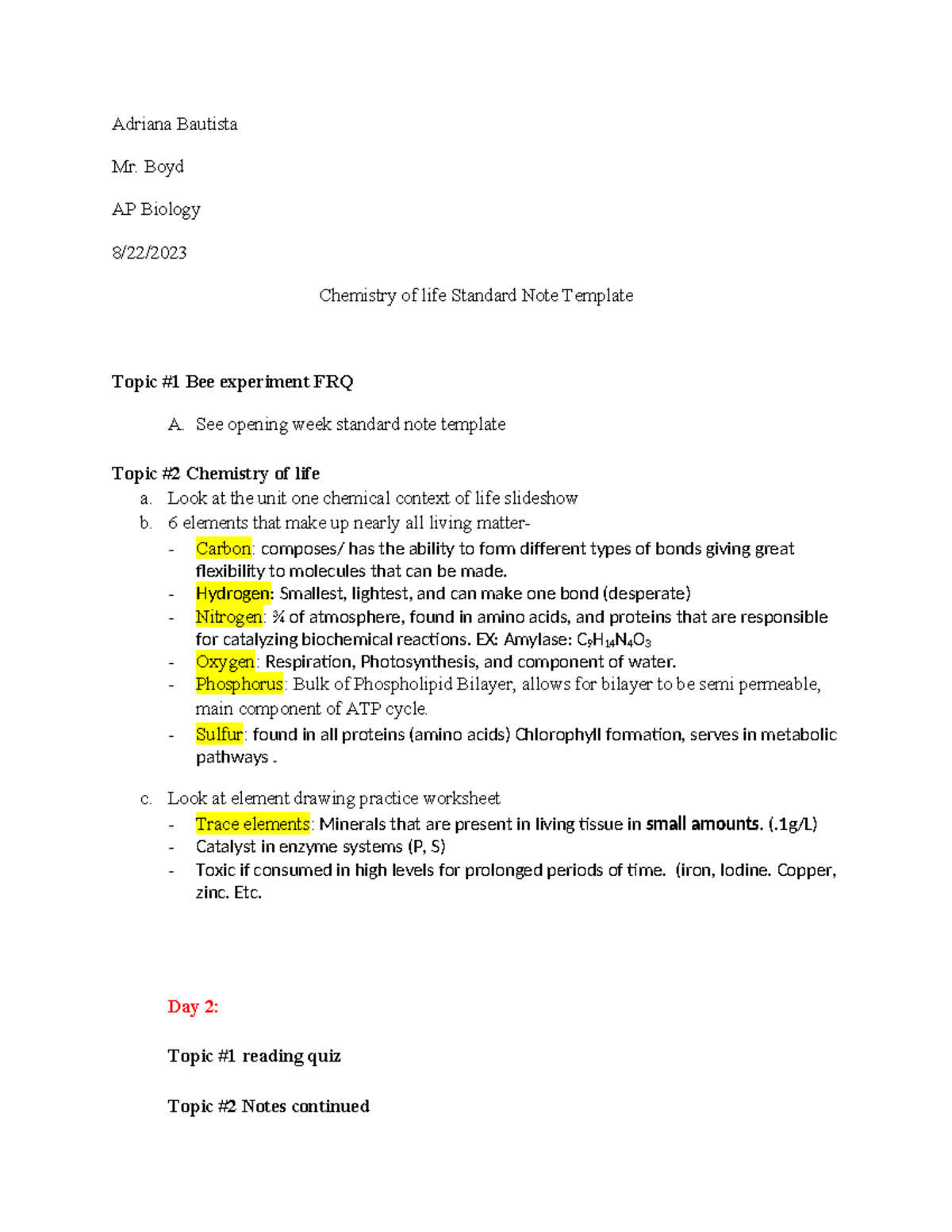 Chemistry of life - Adriana Bautista Mr. Boyd AP Biology 8/22 ...