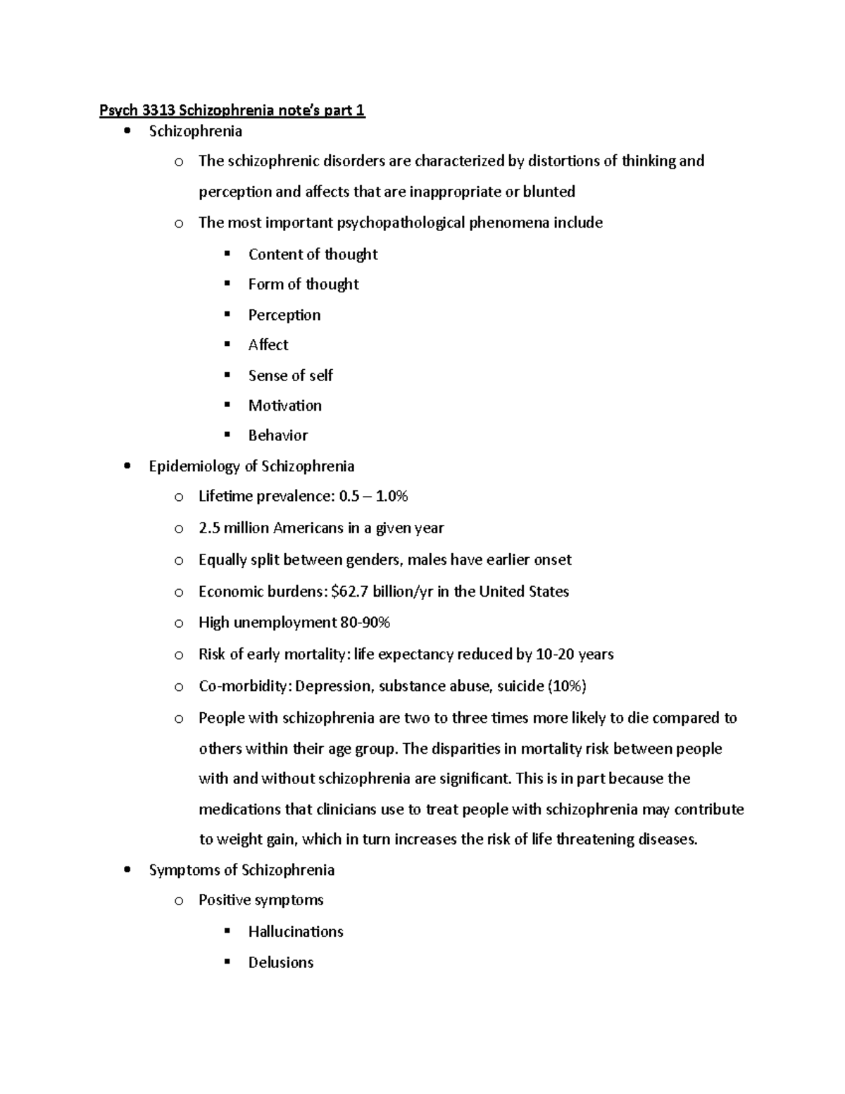 Psych 3313 Schizophrenia notes part 1 - Psych 3313 Schizophrenia note’s ...