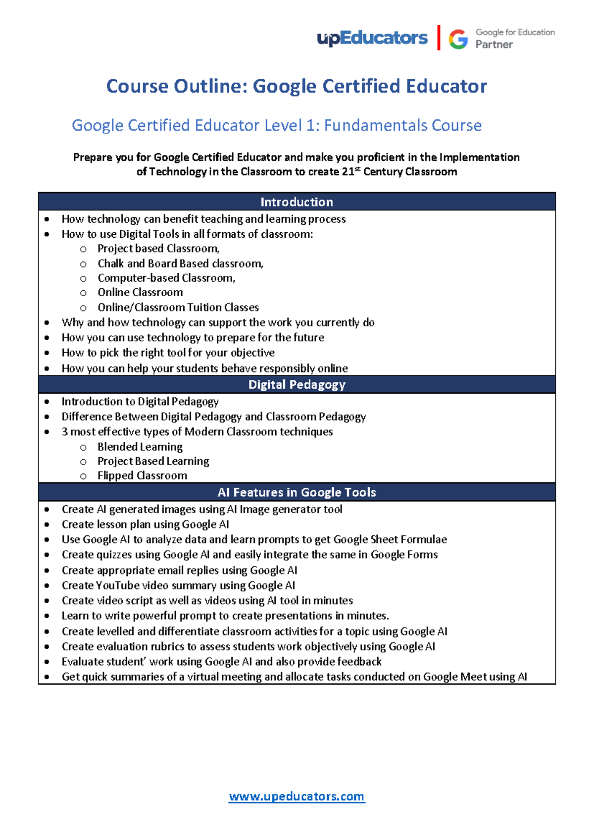 Outline for Google Certified Educator Level 1 & Level 2 - Course Outline: Google Certified ...