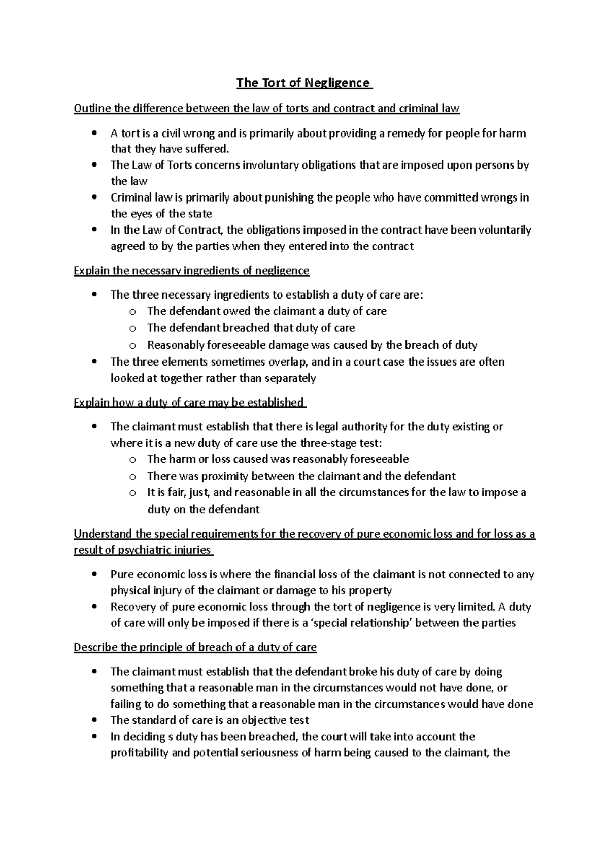 The Tort of Negligence - The Tort of Negligence Outline the difference ...