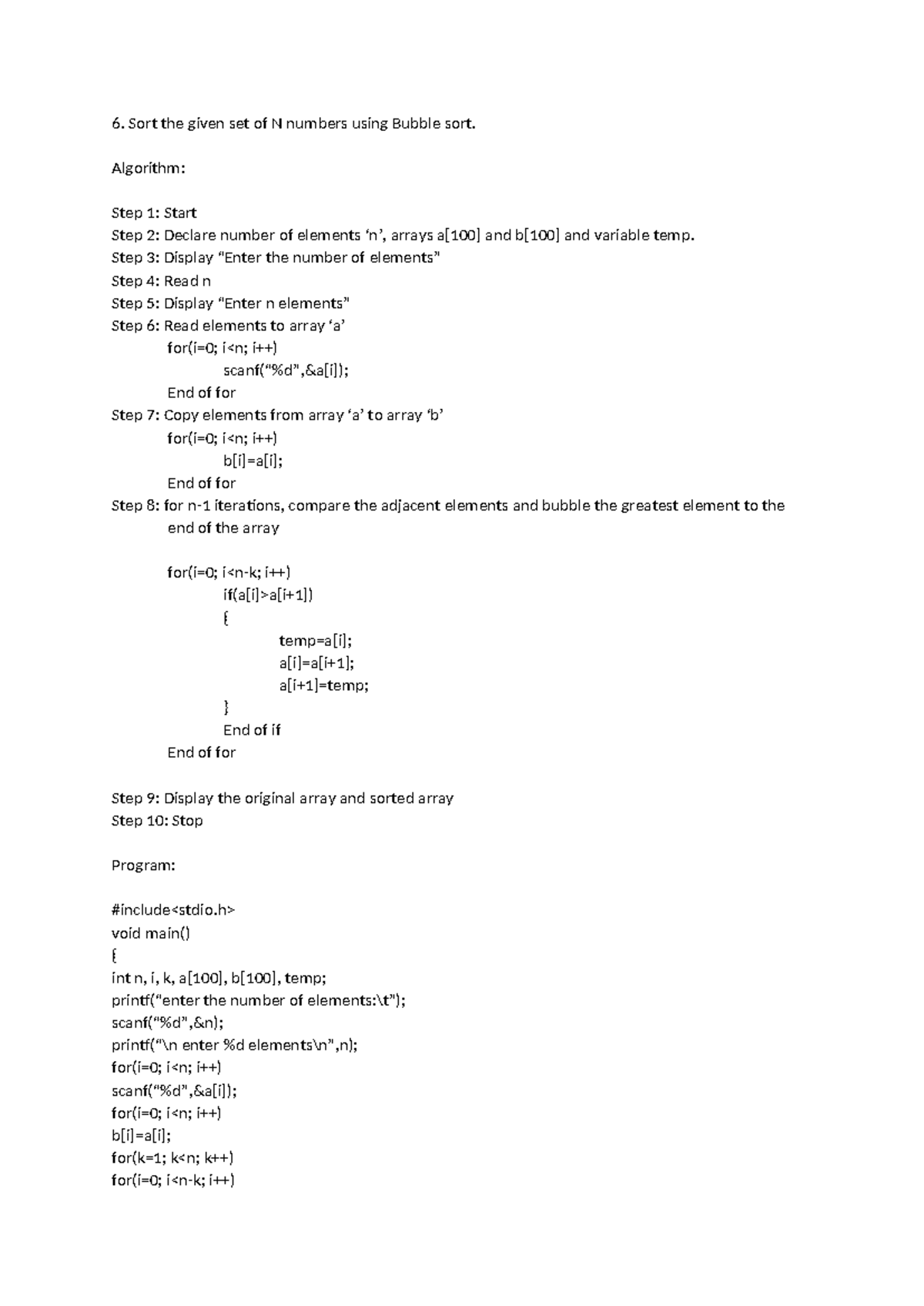 Lab Programs Practice C Programming Sort The Given Set Of N Numbers Using Bubble Sort