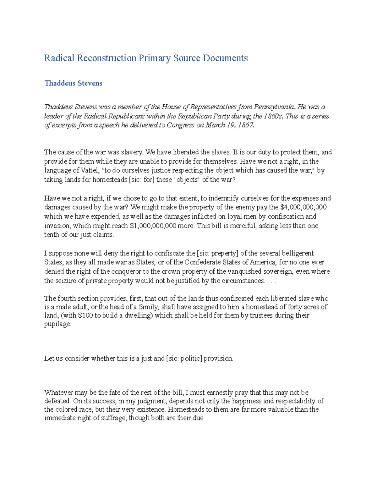 Radical Reconstruction Primary Source Documents and Guided Reading ...