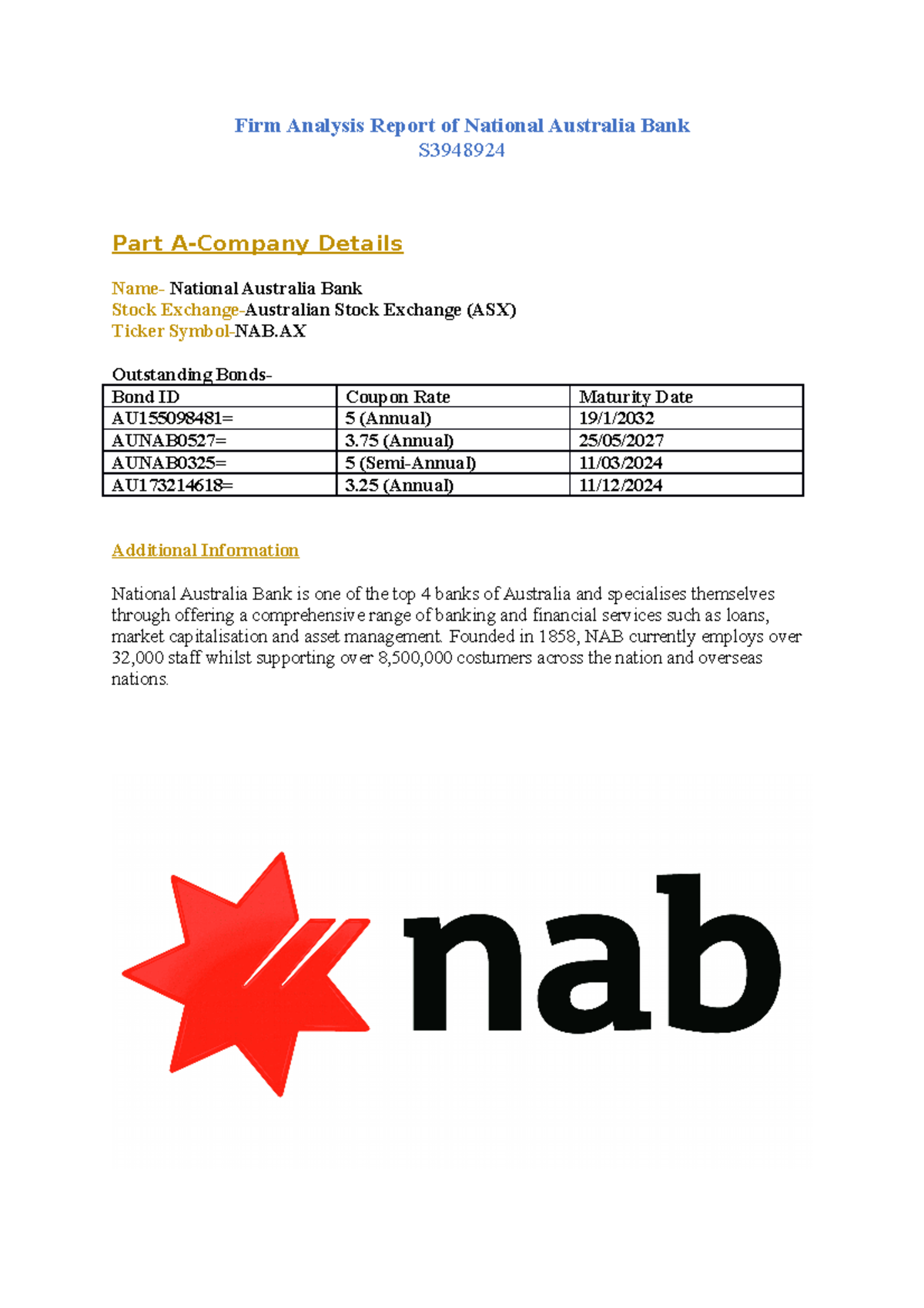 Firm Analysis Report of National Australia Bank - BAFI3184 - RMIT ...