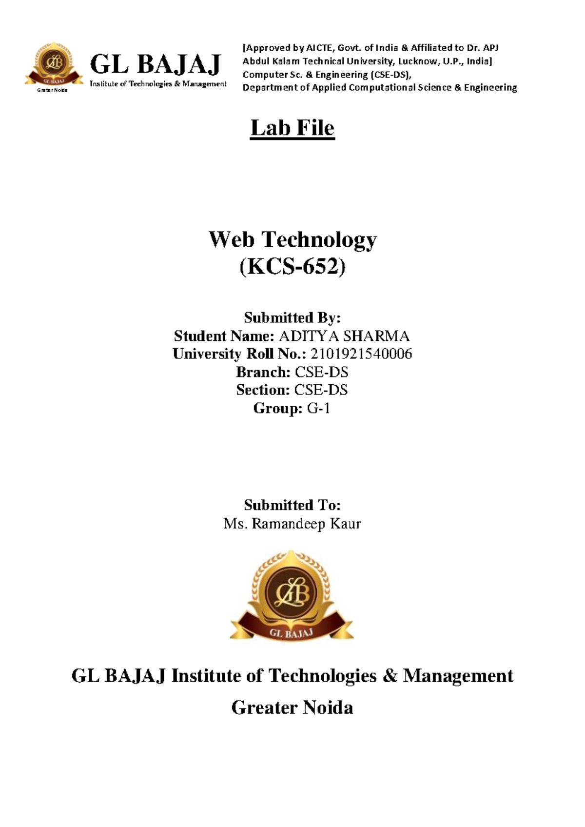 Webt lab file till7 - Grater Noida GL BAJAJ Institute of Technologies ...