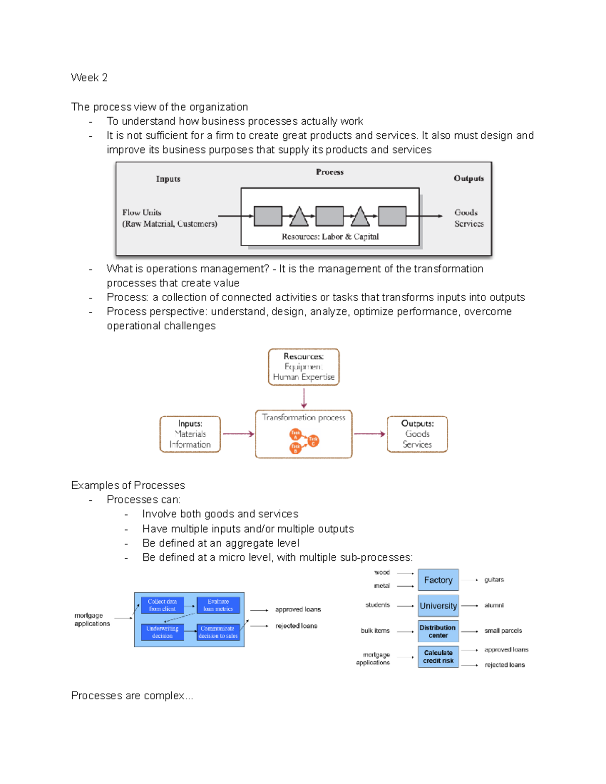 Week 2 - Class notes - Week 2 The process view of the organization - To ...