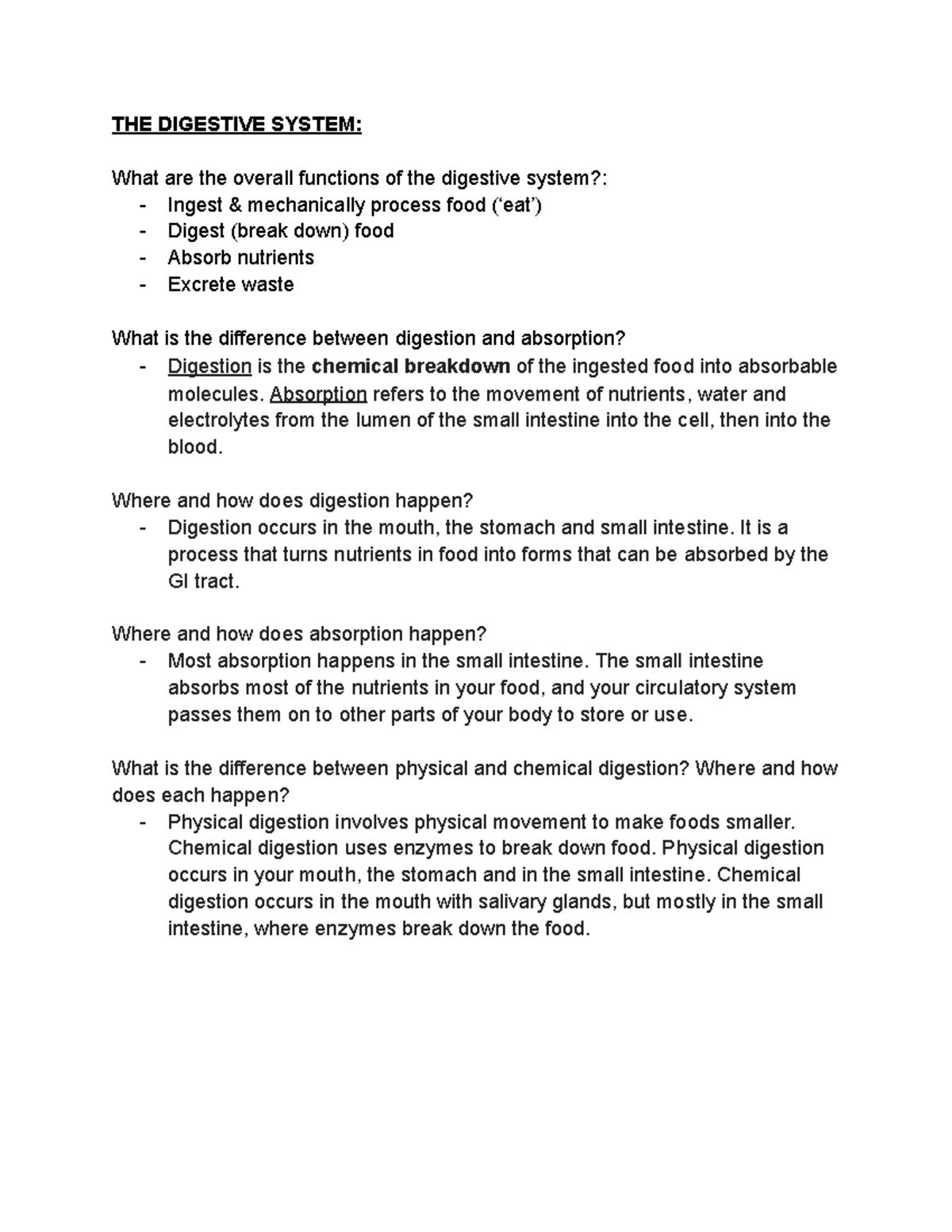 Bio 2 - Exam 4 Study Guide - THE DIGESTIVE SYSTEM: What are the overall ...