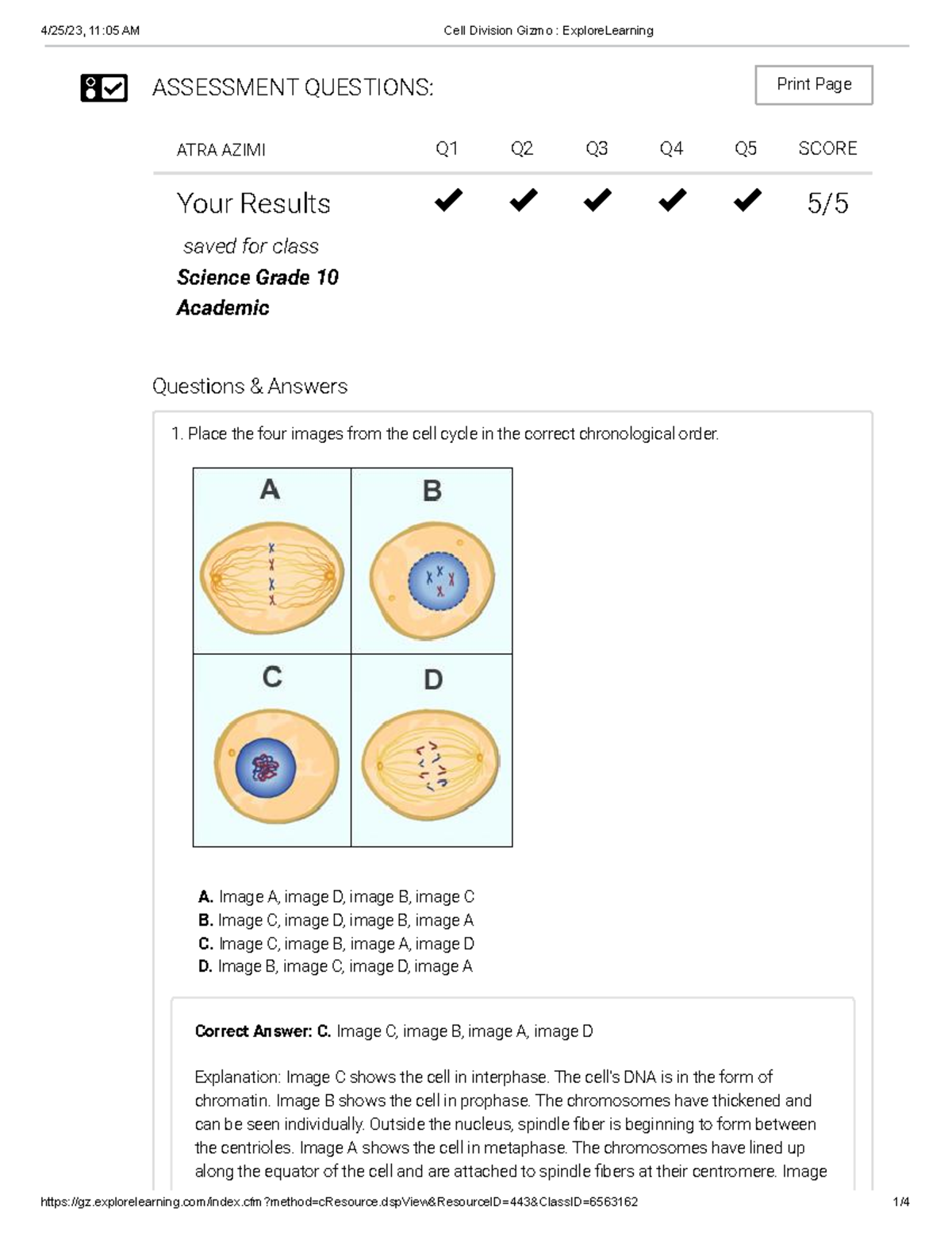 Cell Division Gizmo Explore Learning - ASSESSMENT QUESTIONS: Print Page ...