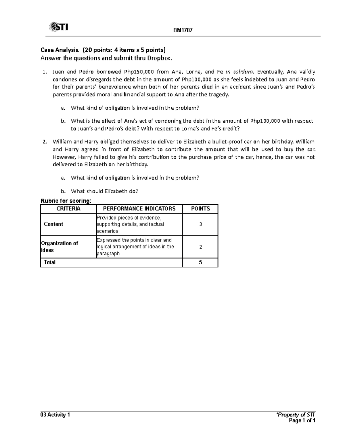 03 Activity 1 - thanks - BM Case Analysis. (20 points: 4 items x 5 ...