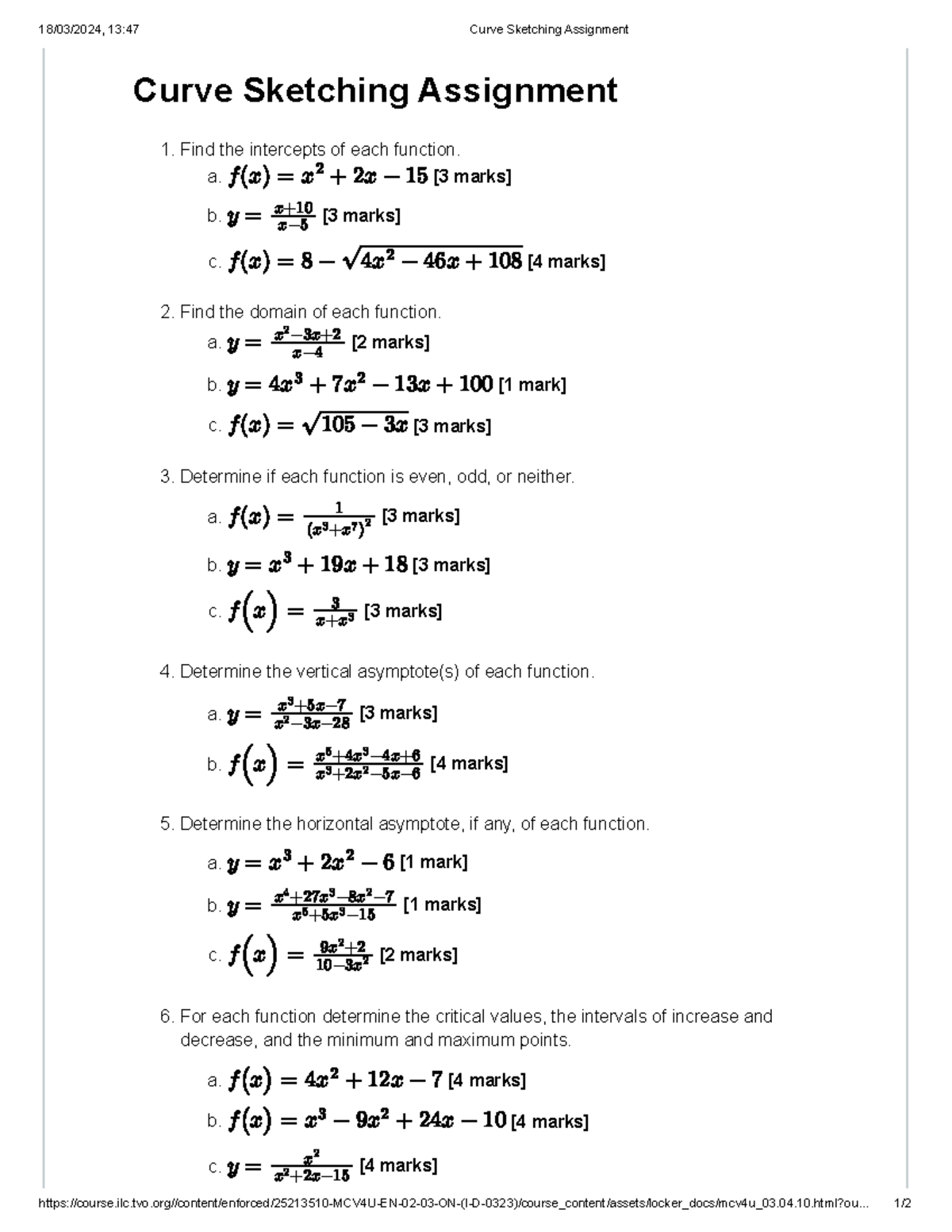 Curve Sketching Assignment - 18/03/2024, 13:47 Curve Sketching Assignment - Studocu