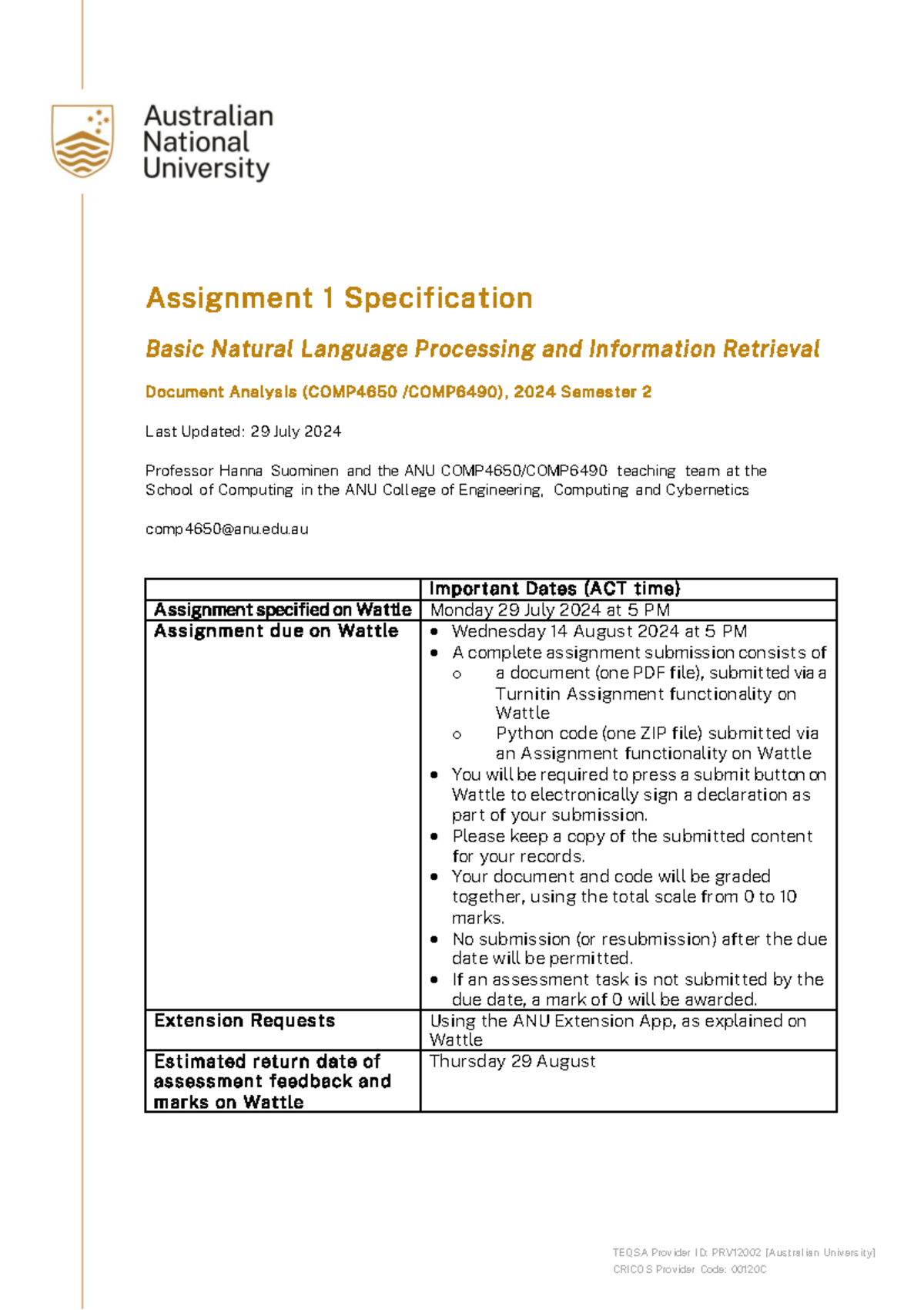 Assignment 1 guide - TEQSA Provider ID: PRV12002 (Australian University ...