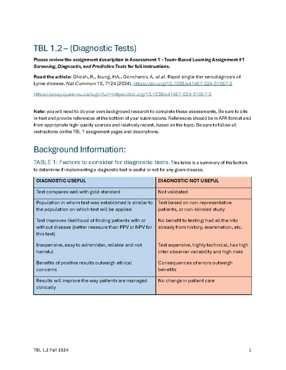PATH 310 F24 TBL1.2 Tasks Master - TBL 1 – (Diagnostic Tests) Please ...