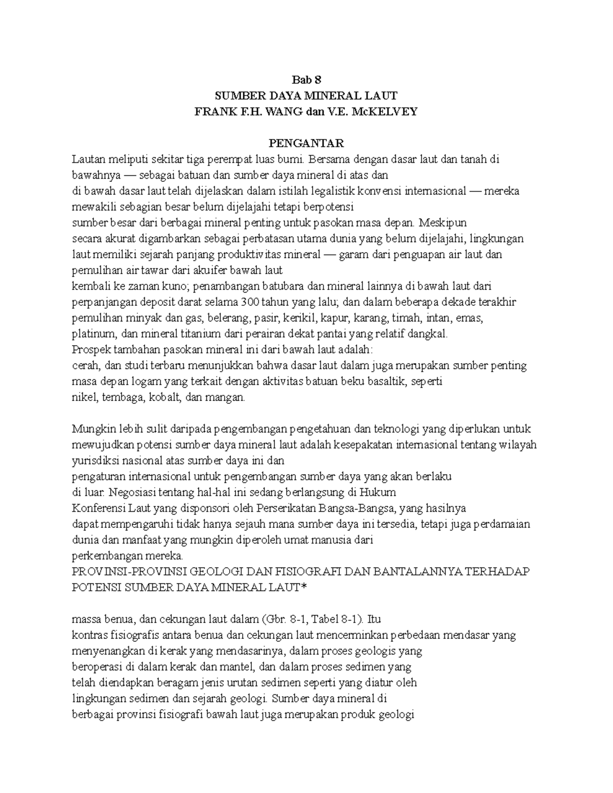 Bab 8 Sumber Daya Mineral Laut Frank F.H Wang dan V.E Mc Kelvey - Bab 8 SUMBER DAYA MINERAL LAUT ...
