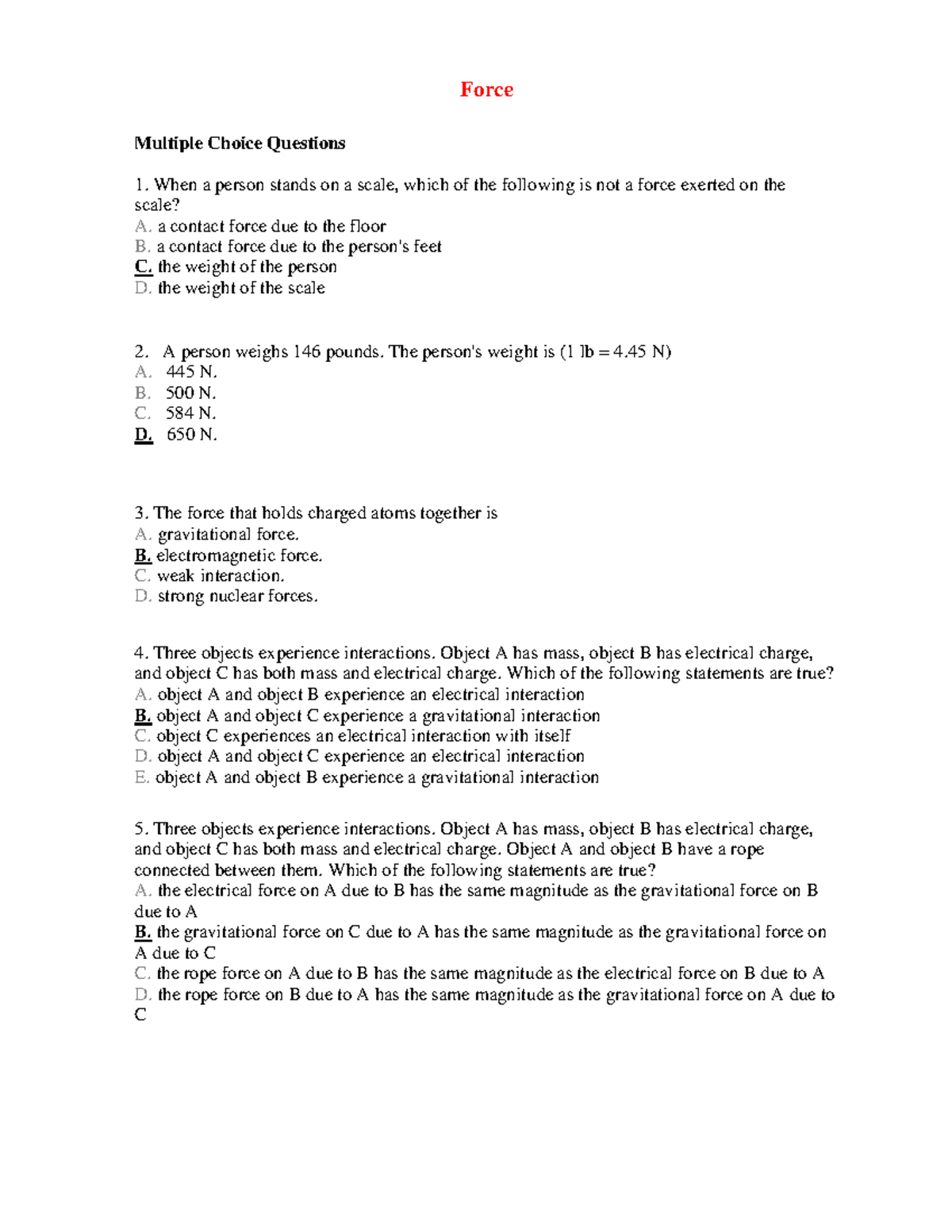 College Physics Force - Chimie - Force Multiple Choice Questions When a person stands on a scale ...