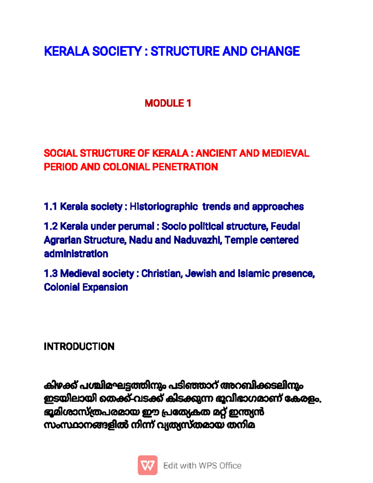 module 1 lecture note - KERALA SOCIETY : STRUCTURE AND CHANGE MODULE 1 ...