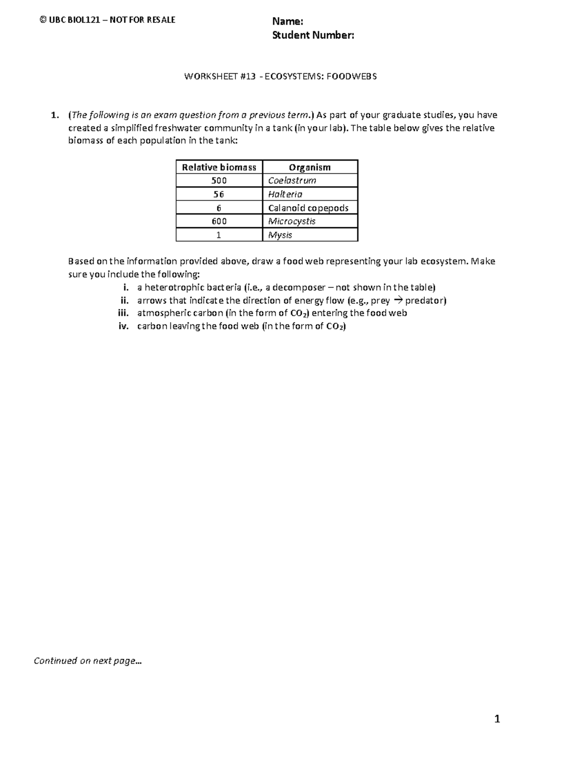 Worksheet #13 - Food Webs Ecology Unit BIOL 121 Genetics, Evolution and ...